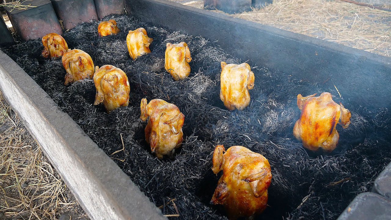 Chicken Roasted Four Times Over a Straw Fire - Thai Street Food - YouTube