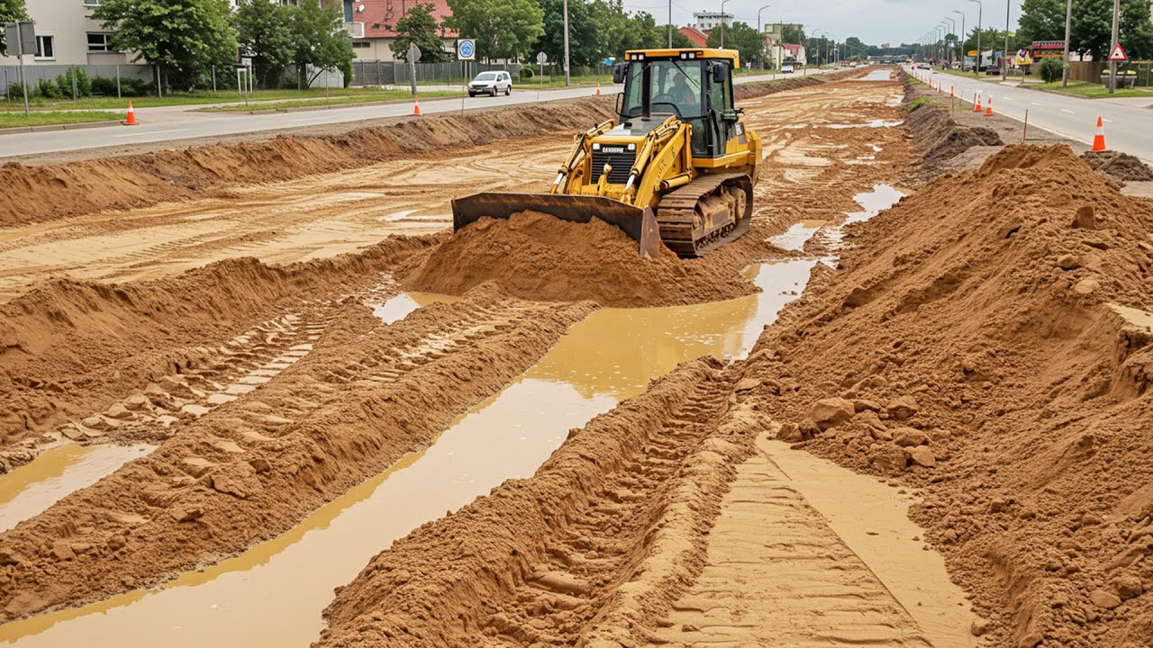 Bulldozer pushing large wet sand particles inside a mud ditch to fill a ...