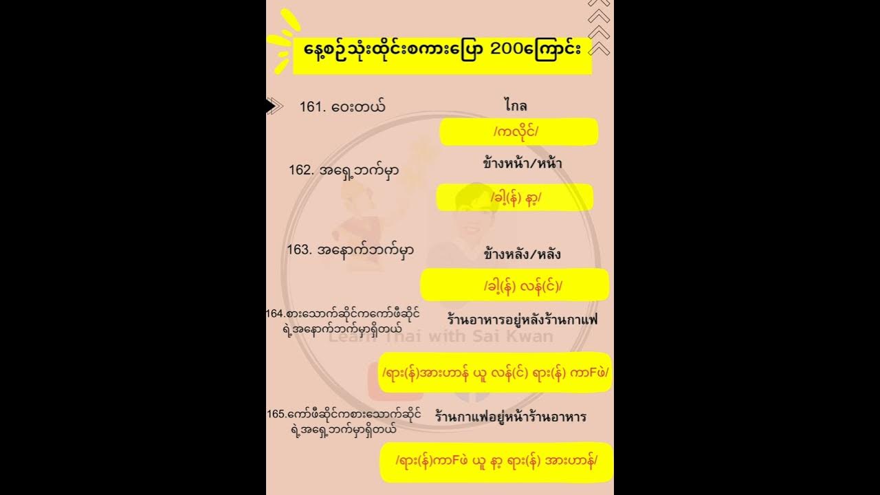Ep 33 နေ့စဉ်သုံးထိုင်းစကားပြော 200ကြောင်း 161 165 Youtube