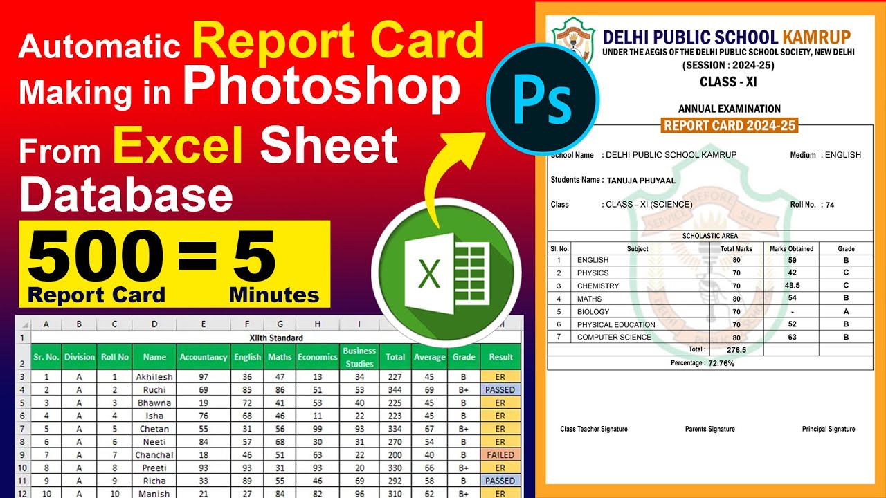 Automatic Report Card making in Photoshop from Excel database - YouTube