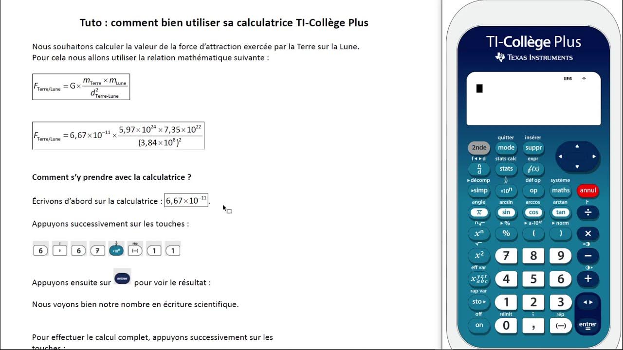 Utilisation de la calculatrice (TI Collège Plus) force de gravitation ...