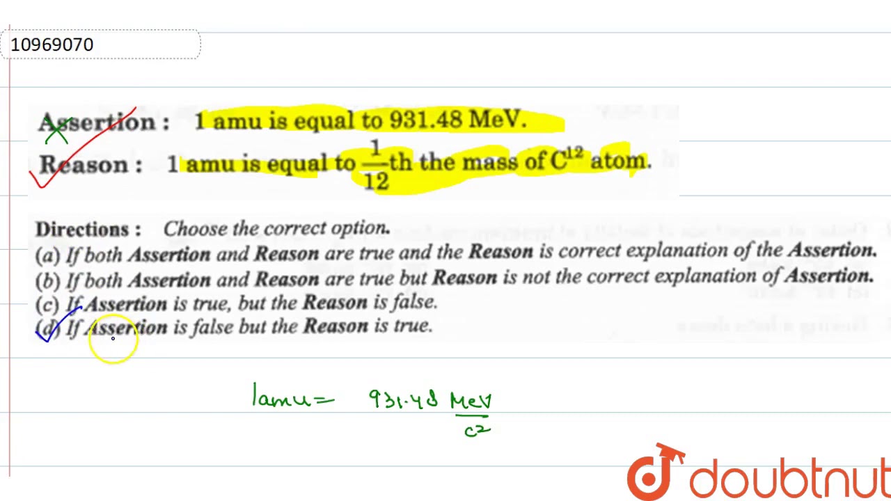 Assertion 1 Amu Is Equal To 931 48 MeV Reason 1 Amu Is Equal To 1