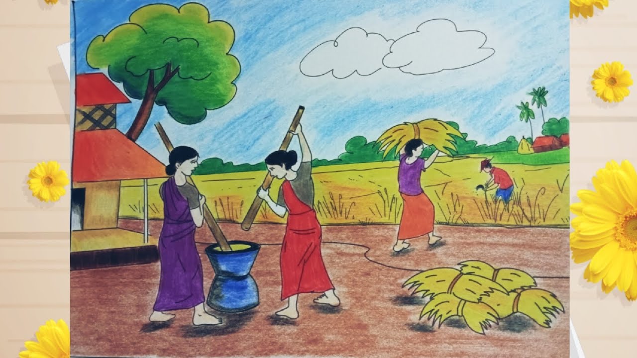 গ্ৰামের দৃশ্য আঁকা | how to draw a Village scenery | gramer drisso ...