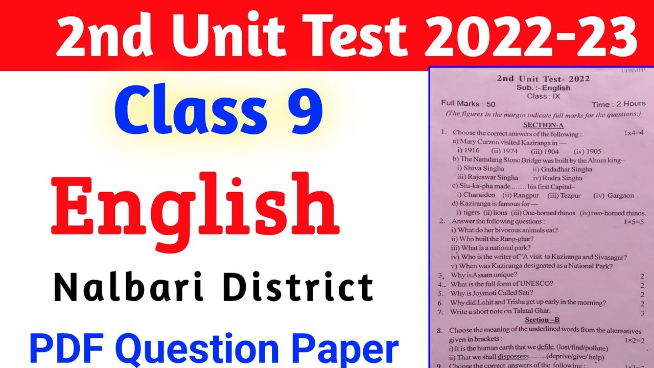2nd Unit Test Exam 2022-2023 / Class 9th English Question Paper / class ...