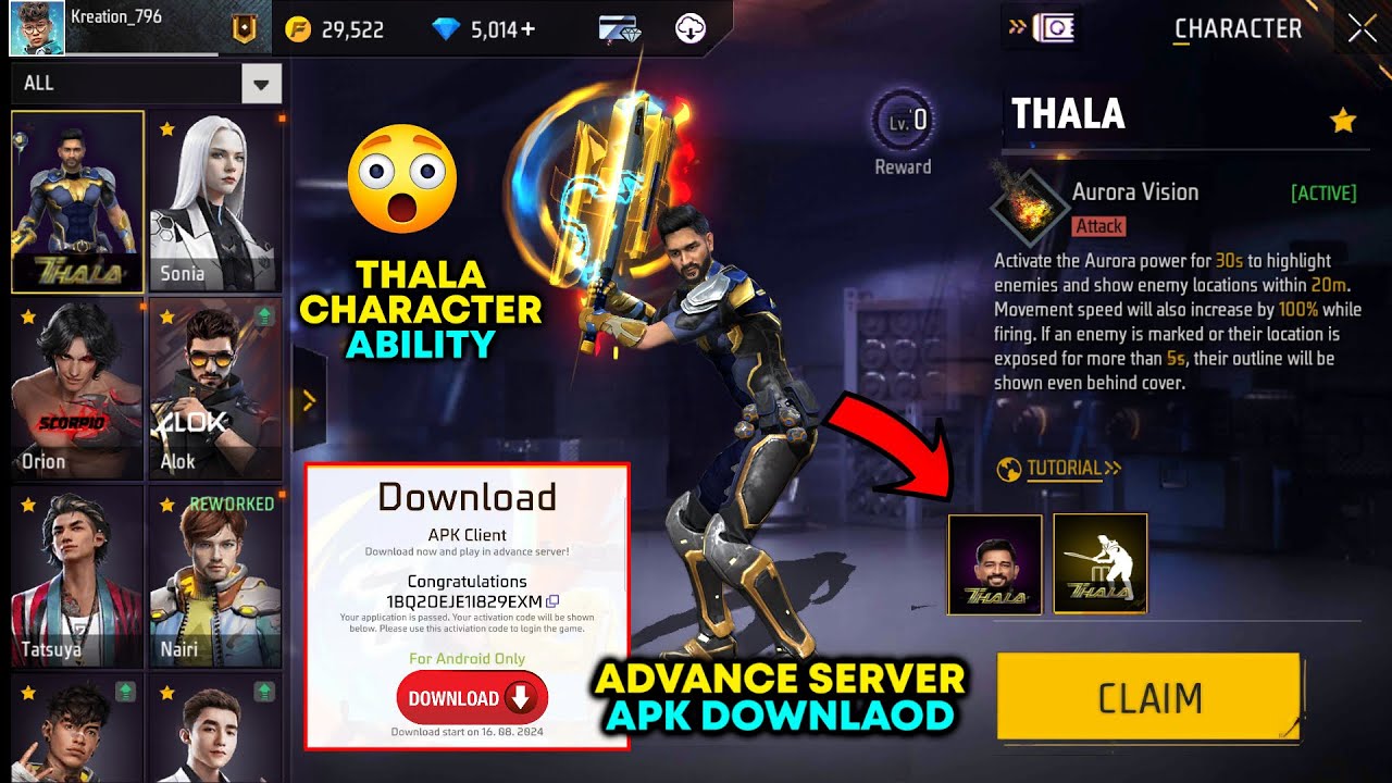 THALA CHARACTER ADVANCE SERVER APK 🔥 - - YouTube