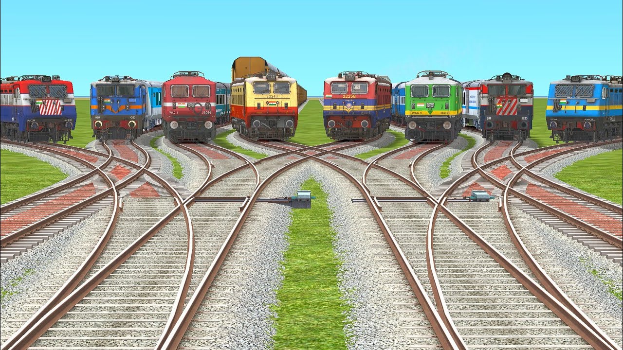 8 TRAIN CROSSING ON X CUT CURVED RAILROAD | Electric Train | Utkrist ...
