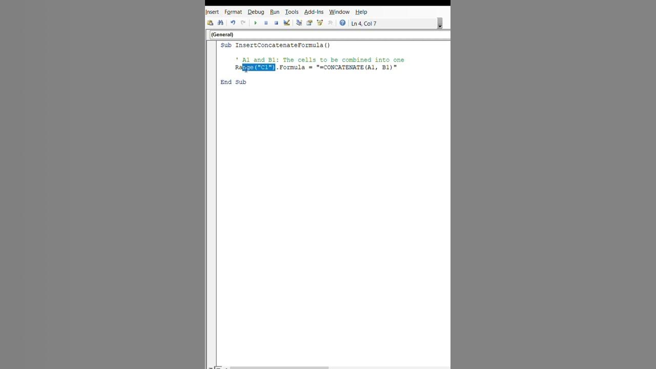 How to Insert a CONCATENATE Formula Using VBA #Shorts - YouTube