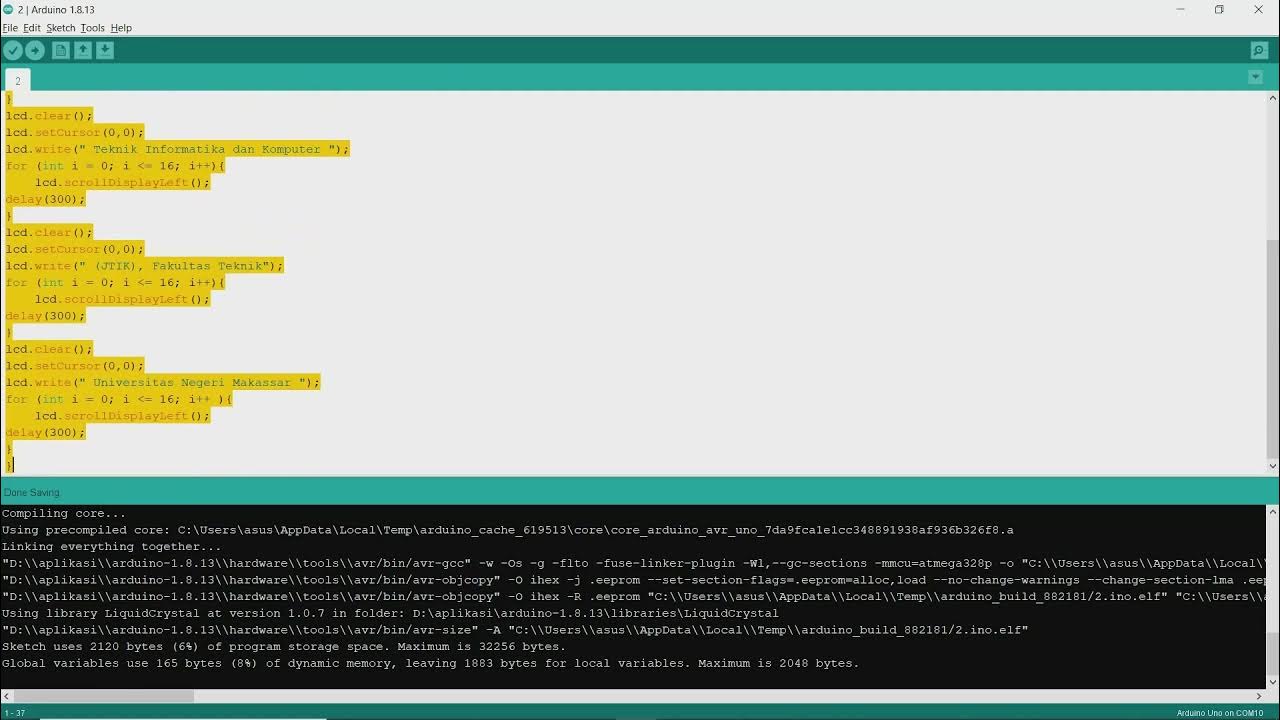 menampilkan simulasi Running Teks LCD 16x2 dengan arduino di proteus ...