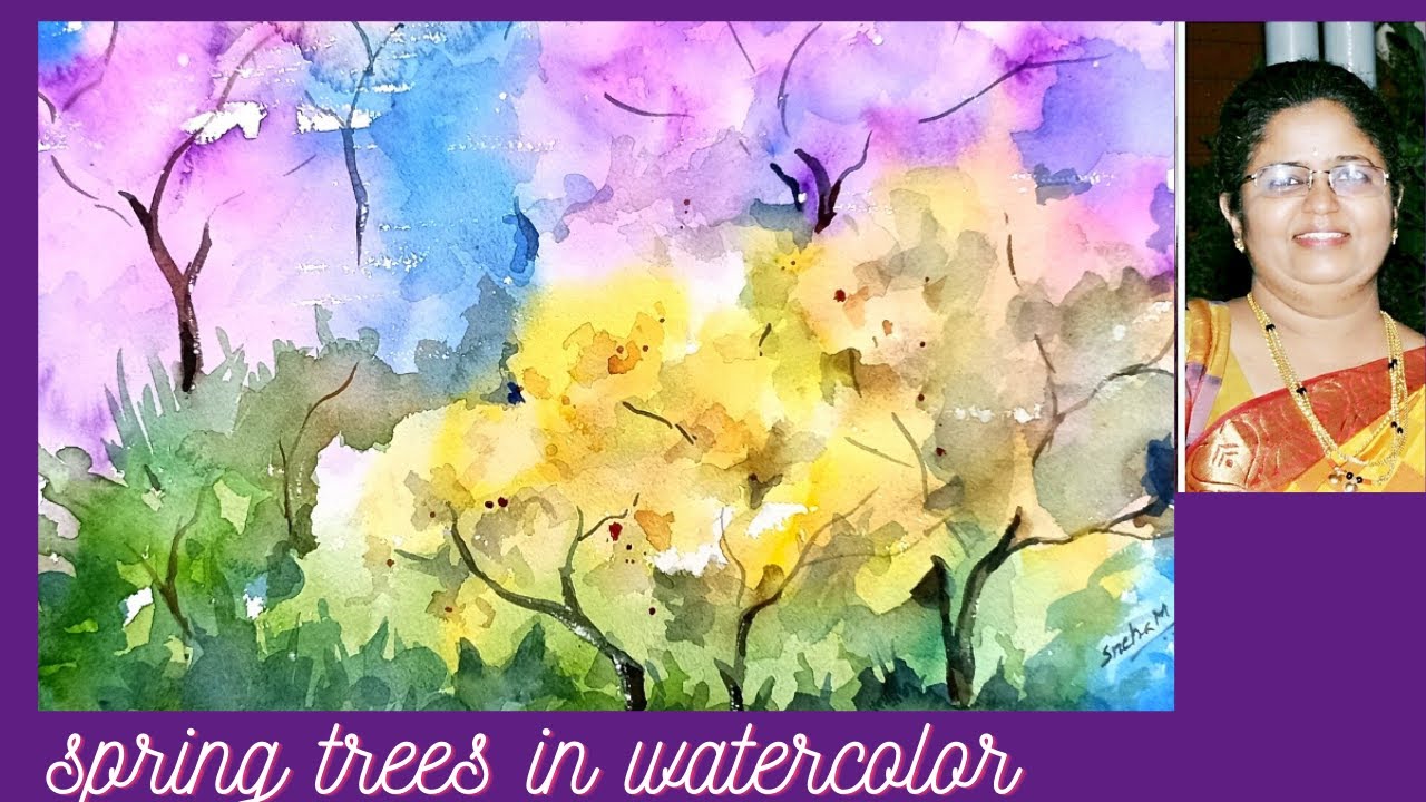 watercolor spring trees||how to paint spring trees in watercolor - YouTube