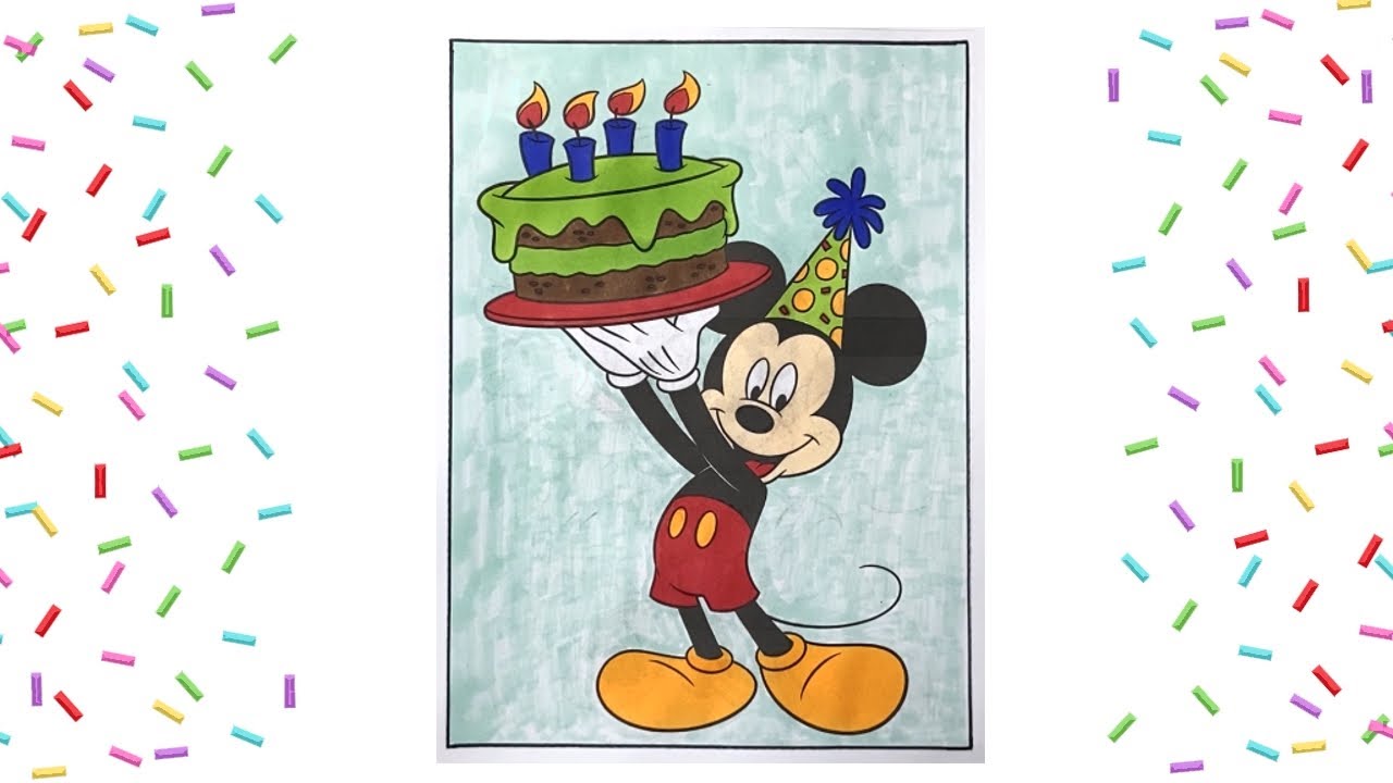 Coloring Mickey Mouse Holding a Birthday Cake /Coloring Page with ...