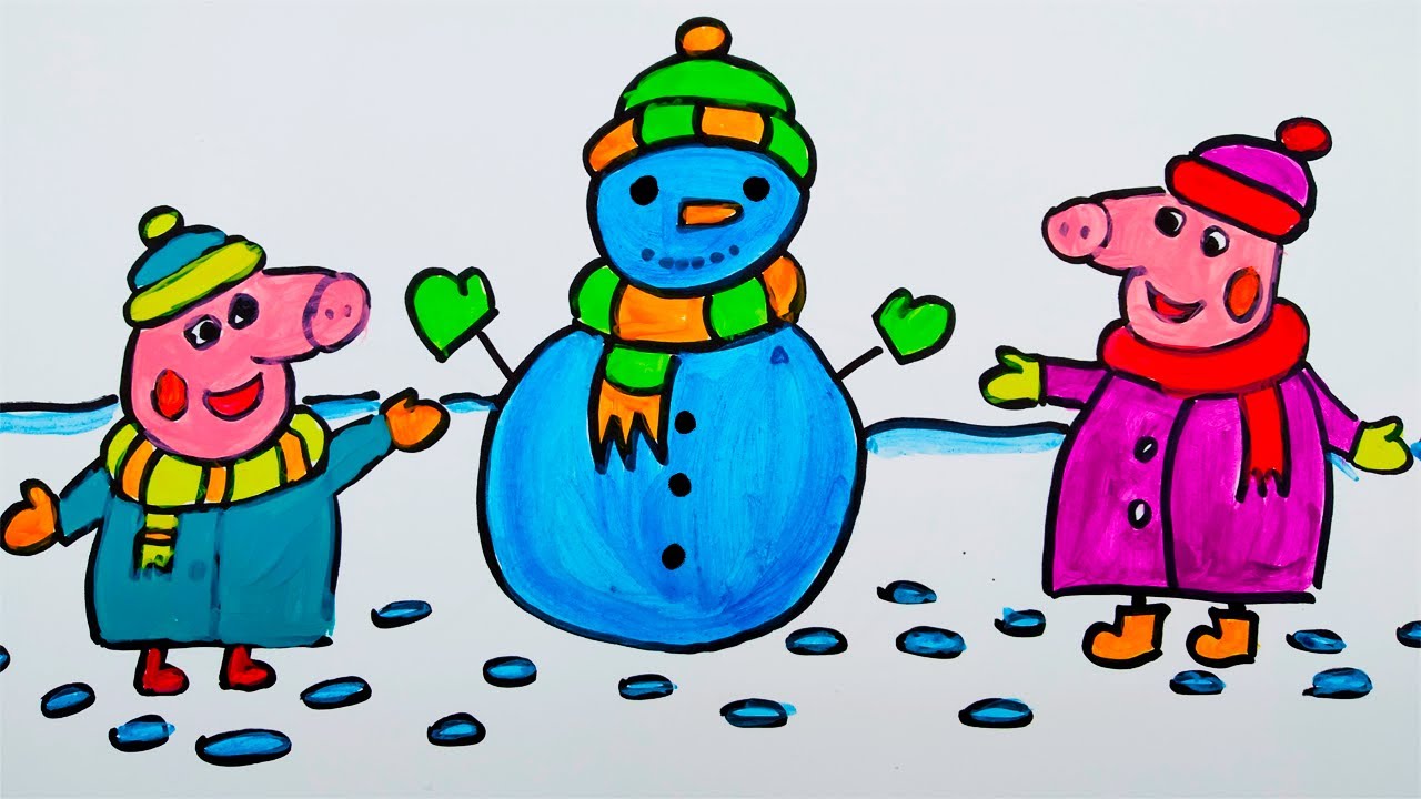How to draw Peppa pig and George pig making a snowman.Peppa pig ...