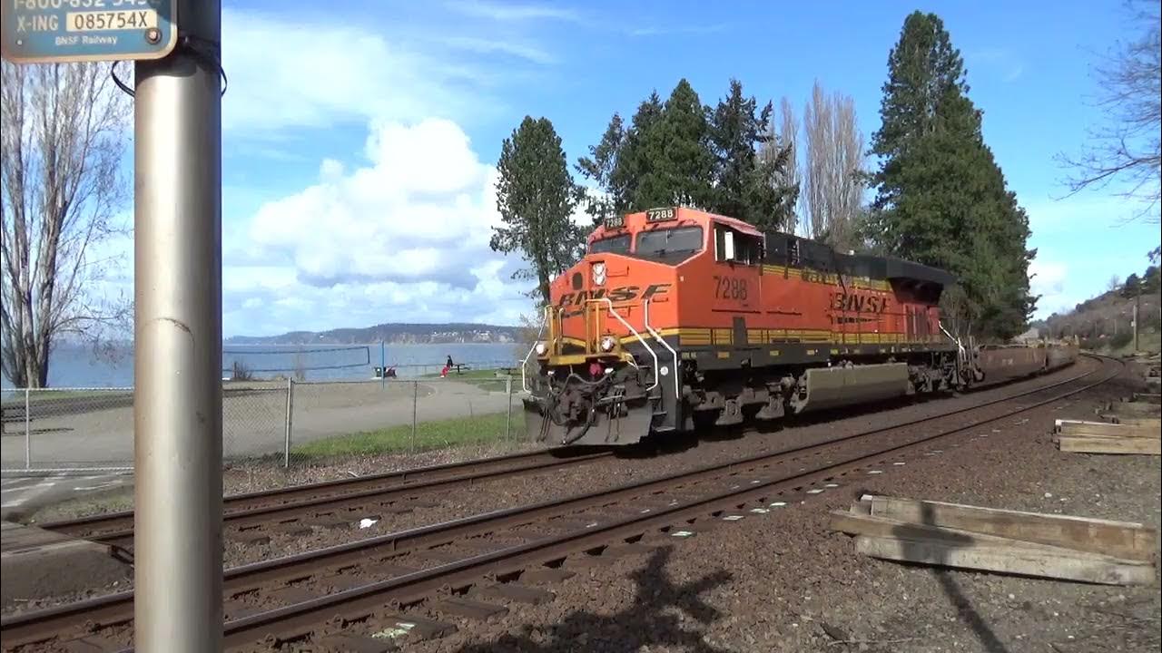 (Southbound) BNSF Baretable Train passes through the Sunnyside Beach Pedestrian Railroad ...
