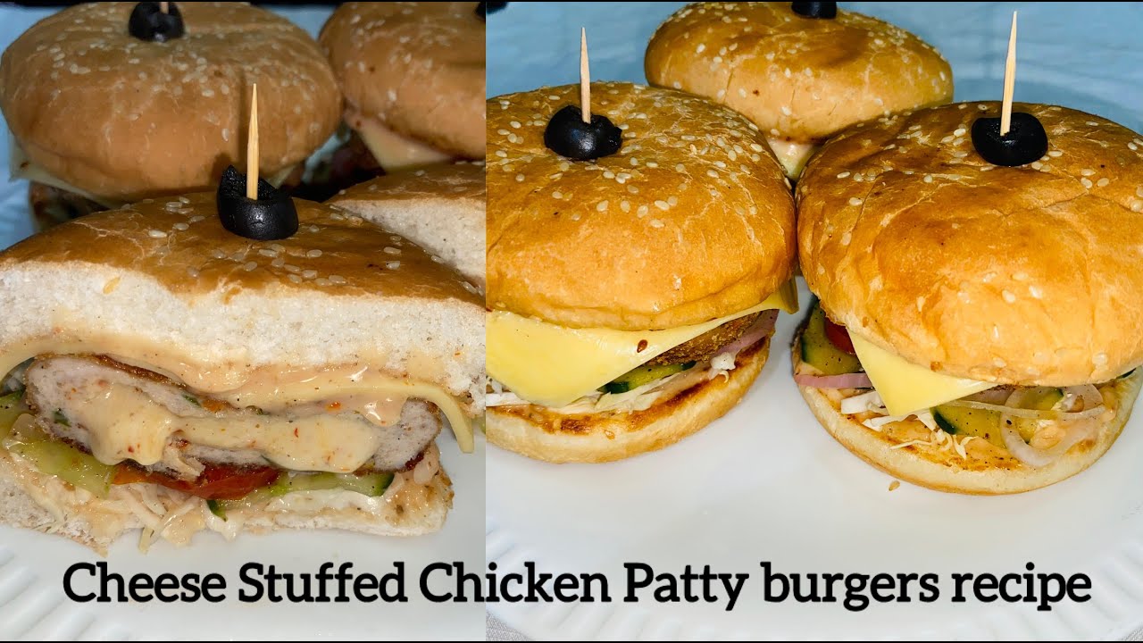 Stuffed Chicken Burgers | Homemade Stuffed chicken patty banany ka ...