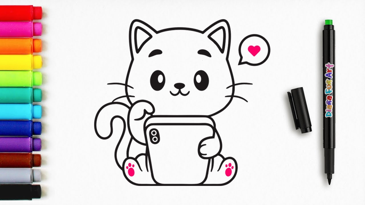 Cute Cat Playing Hand Phone | How to Draw a Cat - YouTube
