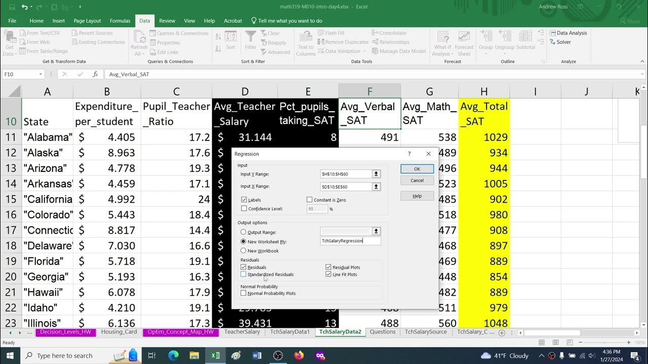 math319 multiple regression excel salary and percent taking SAT - YouTube