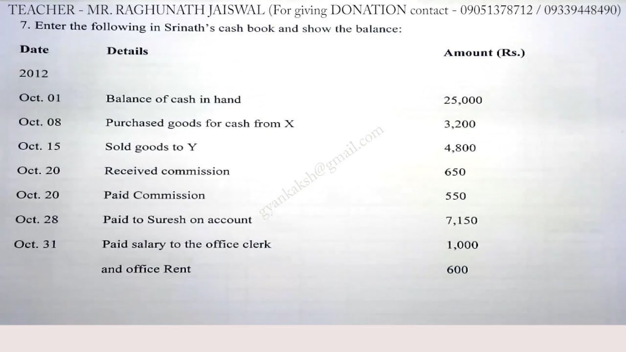 single column cash book solved sums 7 | simple column cash book solved ...