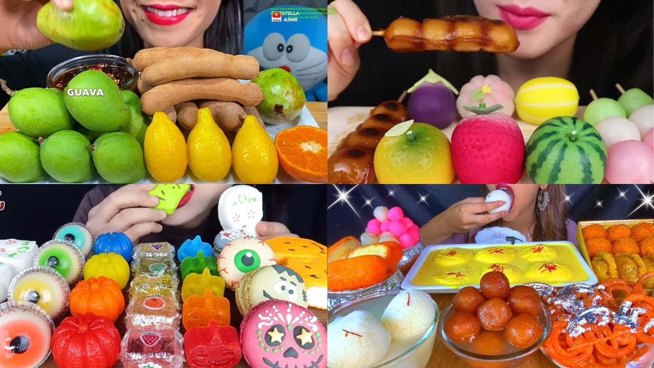 SPICY DIFFERENT FRUITS EATING CHALLENGE, ASMR RAINBOW DESSERTS, DIRRERNT SWEETS, RASMALAI, BIG ...
