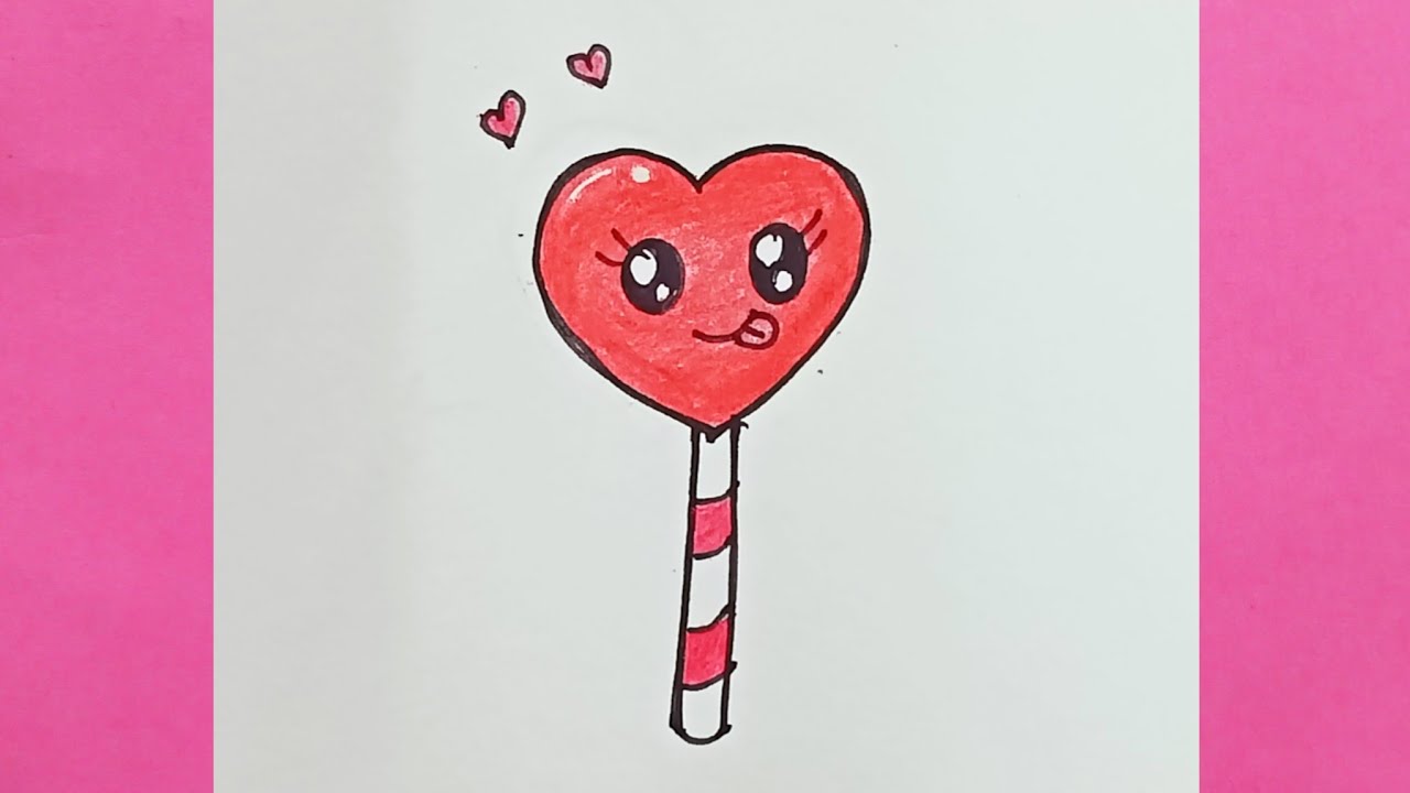 How to Draw a Cute Heart LOLLIPOP Easy for kids || Easy Heart Lollipop ...