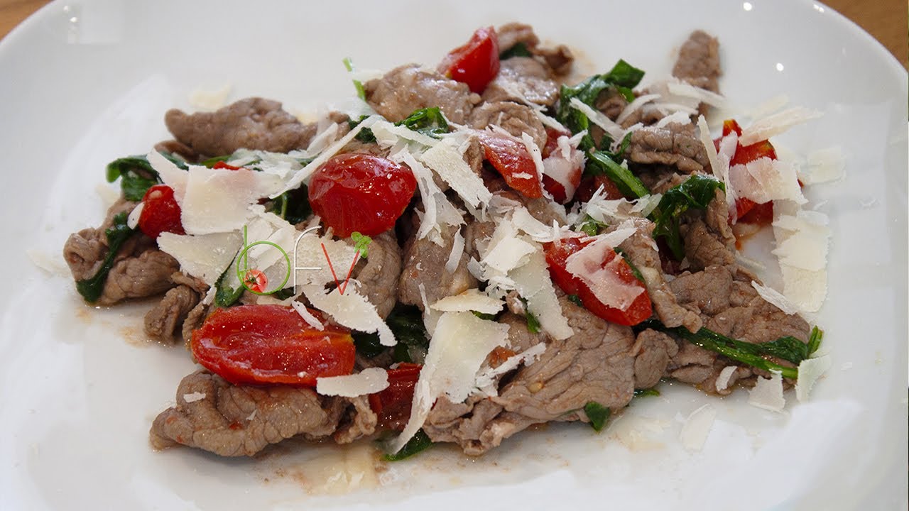 STRACCETTI DI VITELLO CON RUCOLA, POMODORINI DATTERINI E GRANA - Buono ...