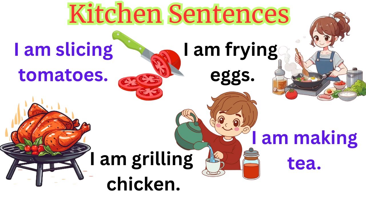 Cooking with sentences | Action Words For Beginner | English Sentences ...
