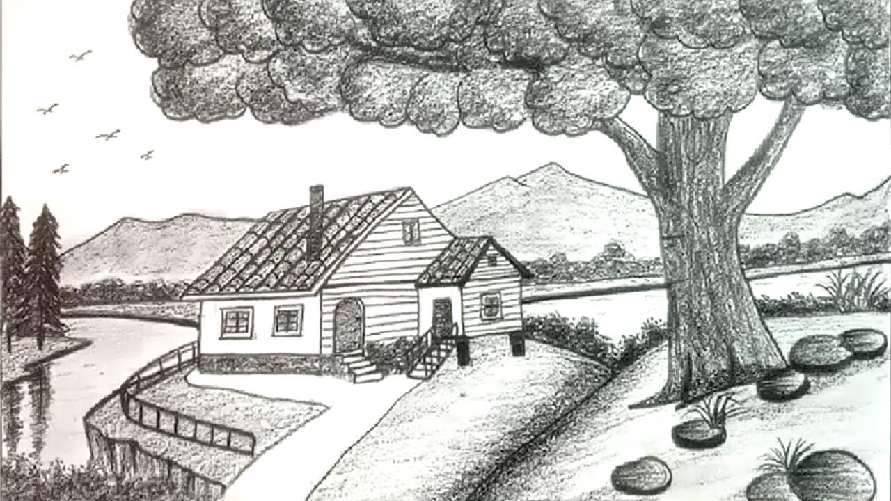 How to Draw a Beautiful Hillside Landscape with Pencil for Relaxation ...