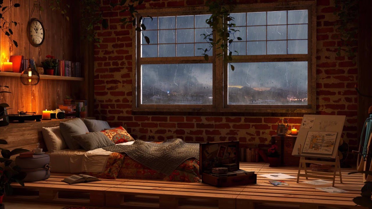 Cozy Bedroom Scene With Rain On Window And Wind Sounds Heavy Rain
