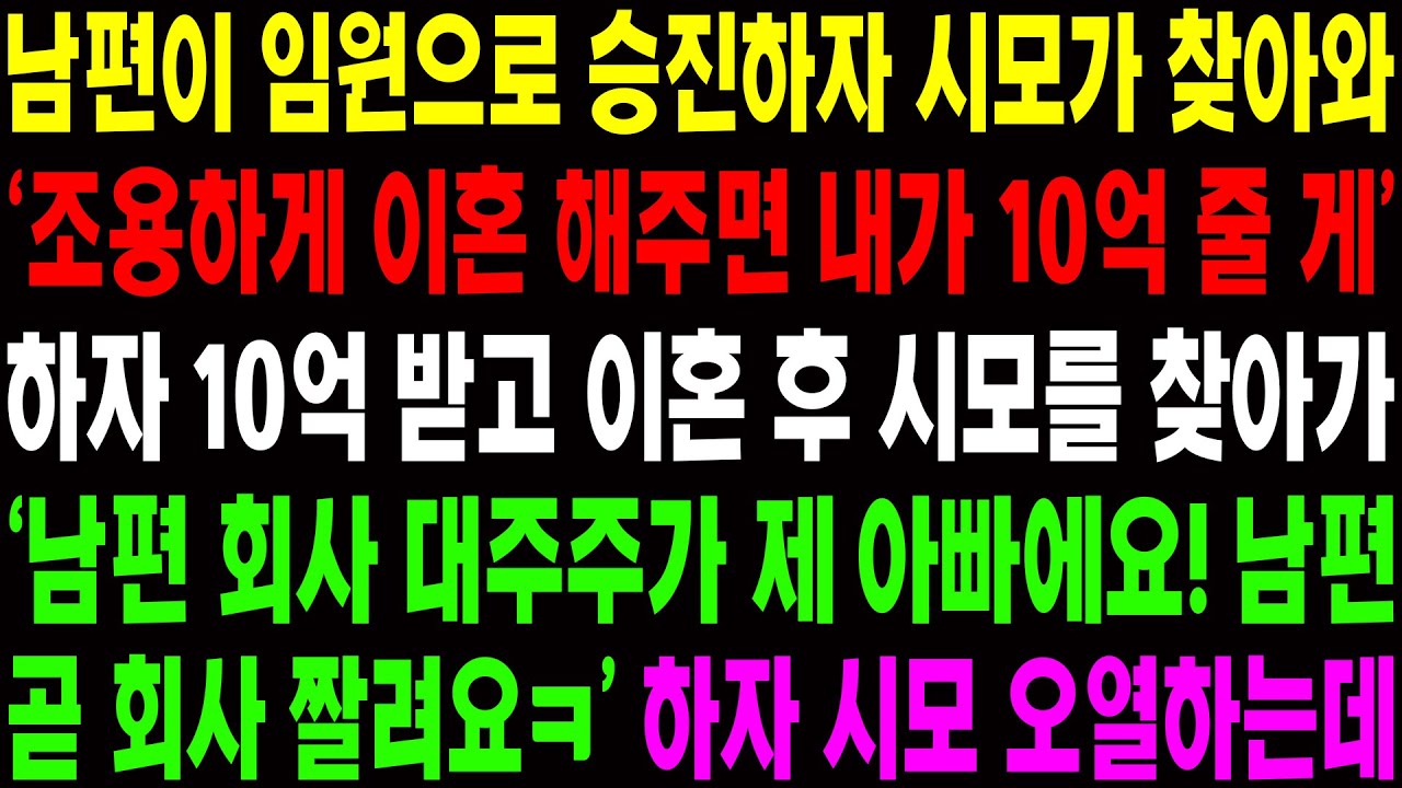 실화사연 남편이 임원으로 승진하자 시모가 찾아와 조용하게 이혼해주면 내가 10억 줄게 하며 이혼을 종용하자 역대급 역관광을 펼치는데 사이다 사연 감동사연