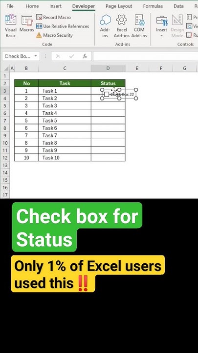 Check box for Status in Excel. #exceltutorial #exceltech #excelworld #excel #excelshortcuts ...