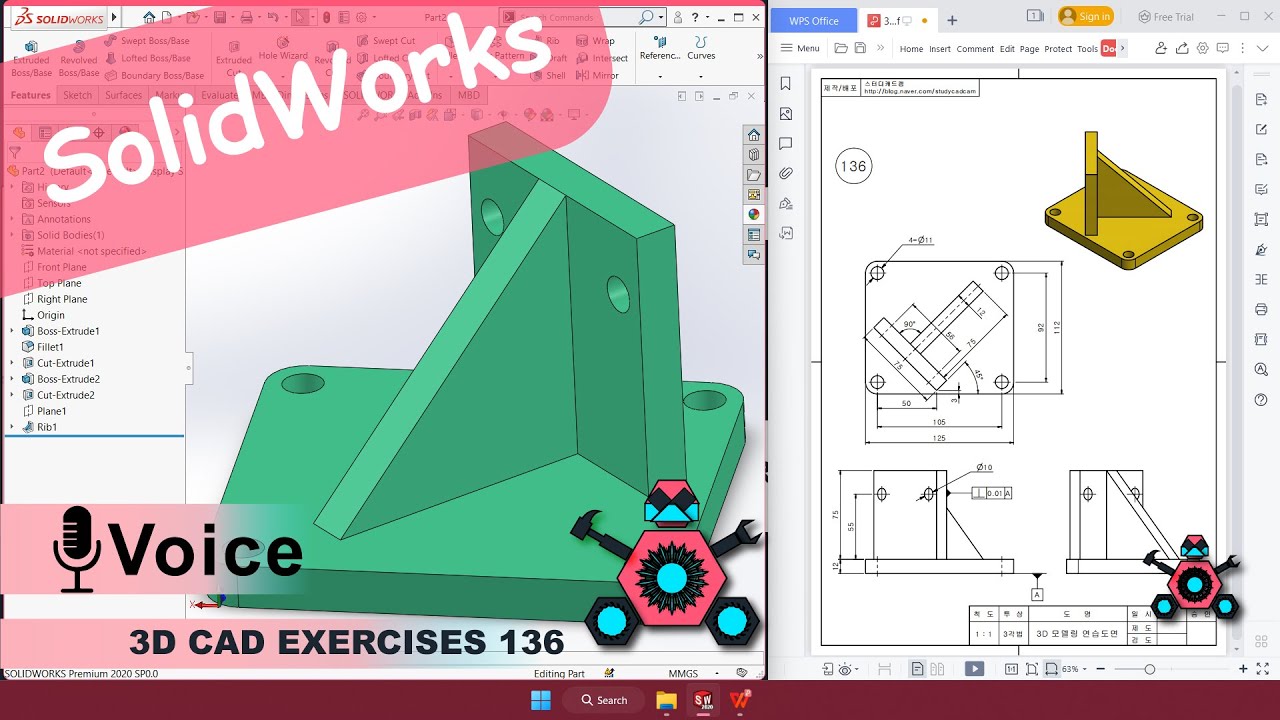 SolidWorks | 3D CAD EXERCISES 136 | StudyCadCam | Solution Tutorial | - YouTube