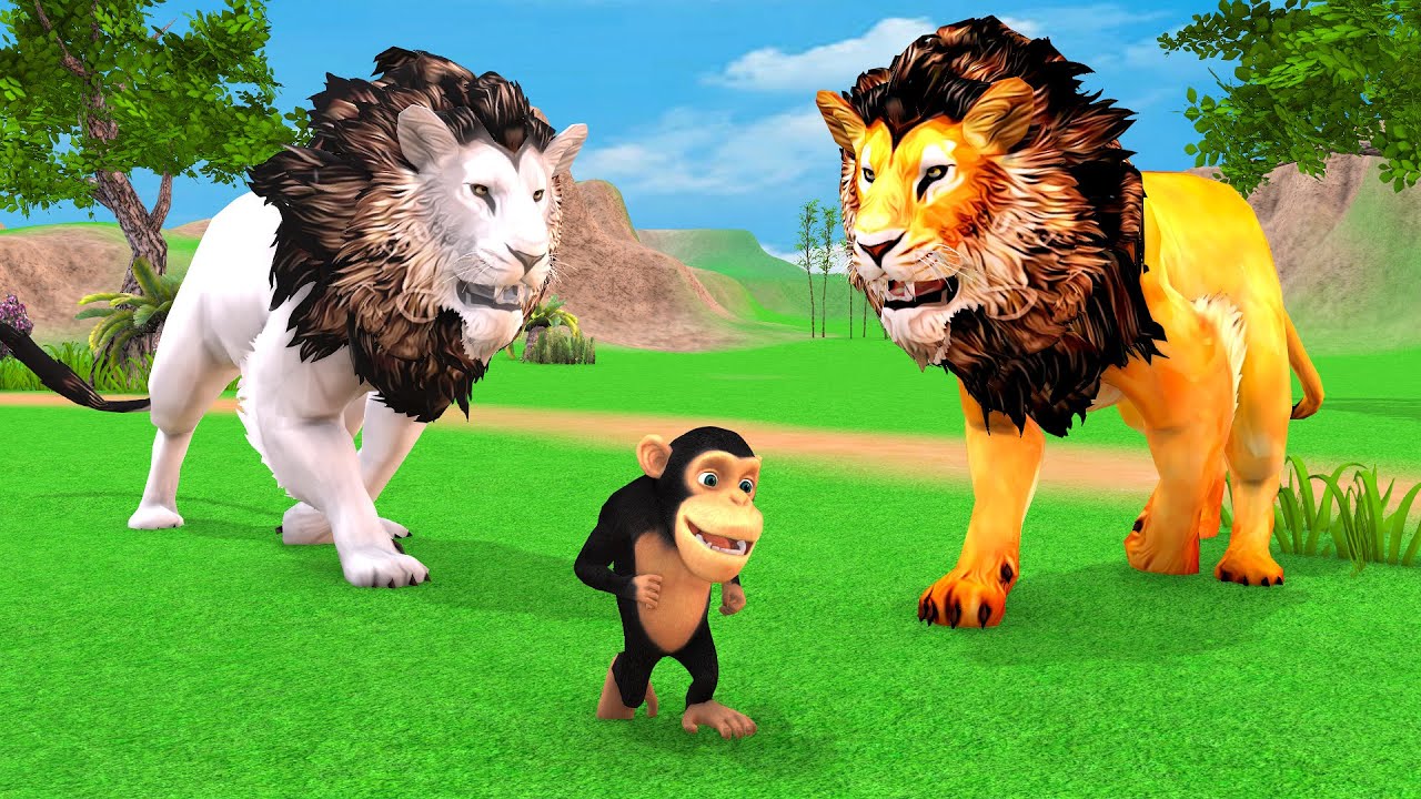 The Funny Monkey Run Away From Giant Lions | Lion and Cow Sad Story ...