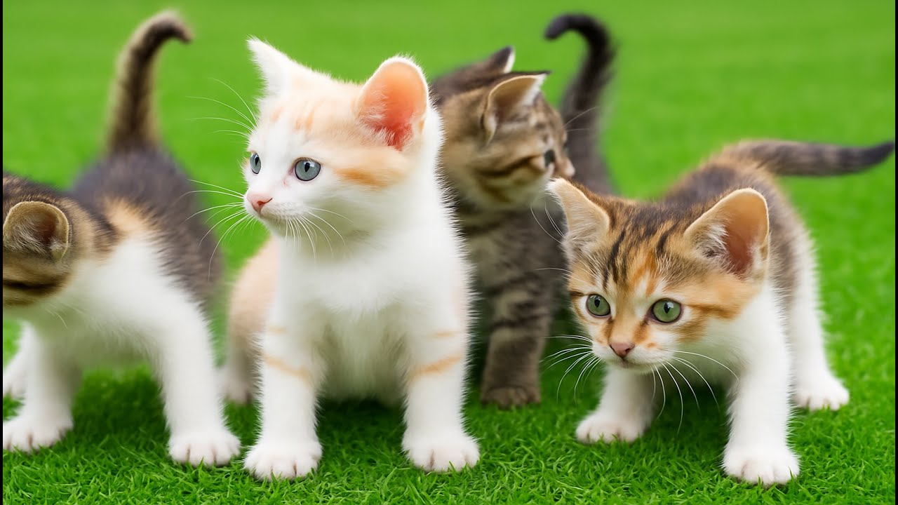 Lovely Kittens on the Grass with Baby Hedgehogs, Fluffy Bunnies ...