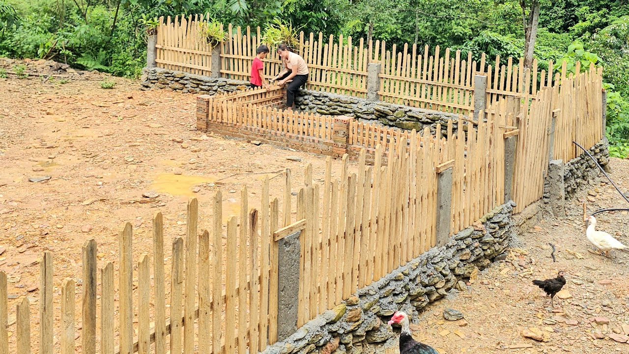 The process of mother and son building a fish pond and cement fence ...