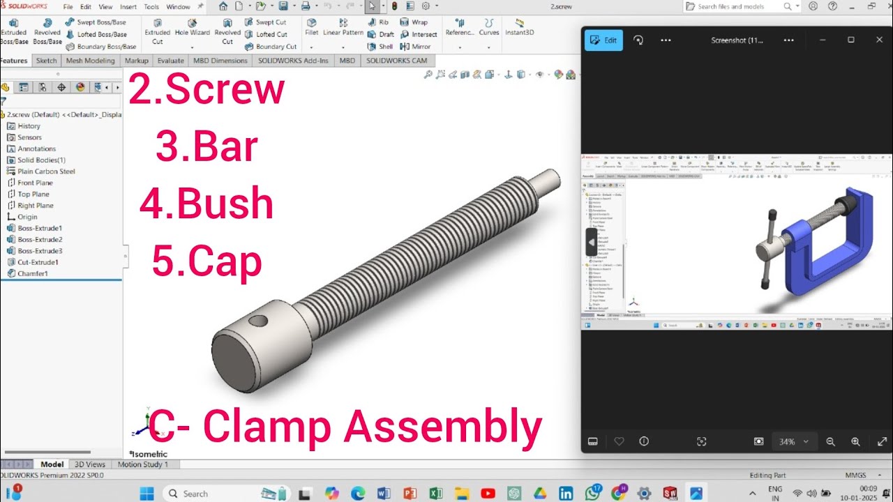 Solidworks C- Clamp Assembly || Part 2 Screw, Rod, Bush and Cap - YouTube