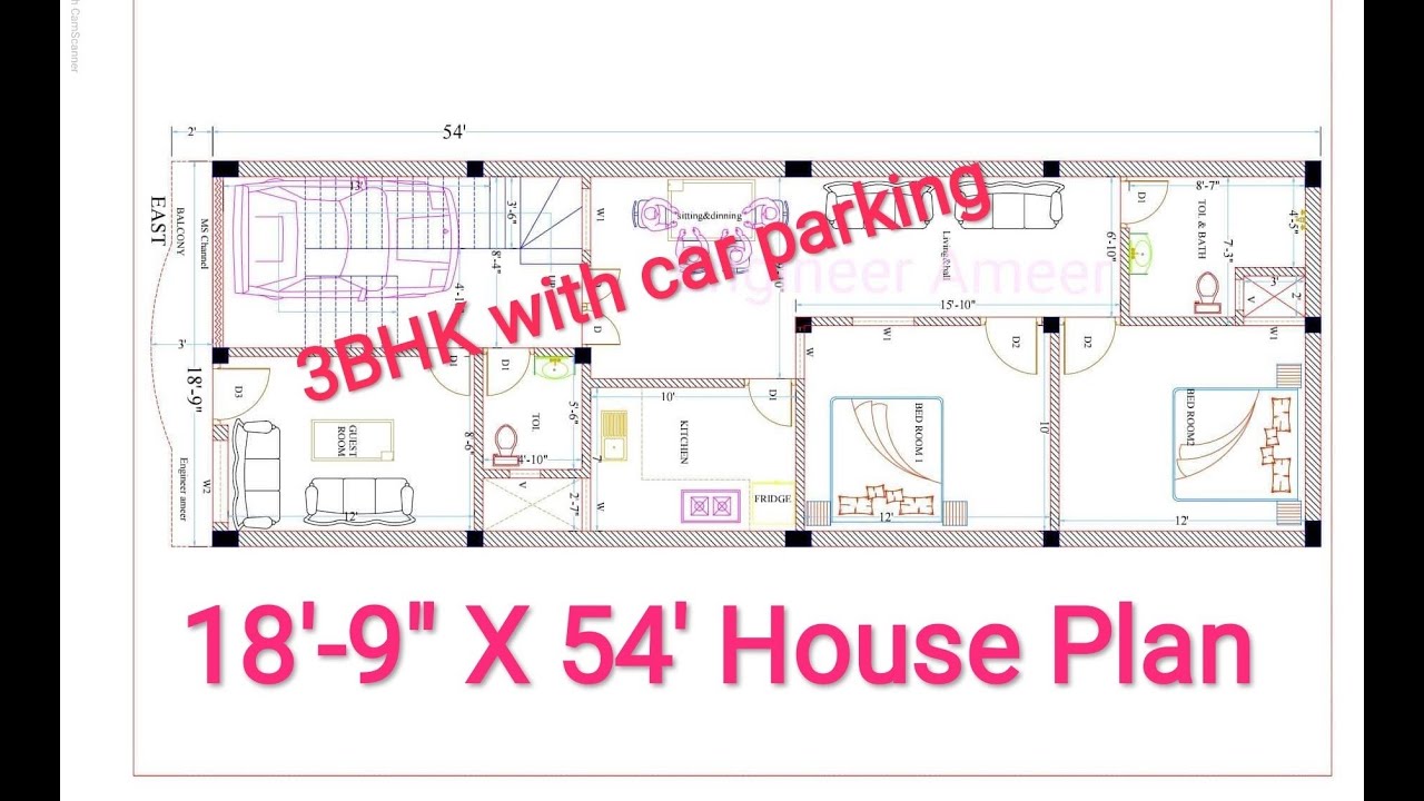 18'-9"x 54" Feet HOUSE PLAN 3BHK WITH CARPARKING II 18-9 by 54 मकान का ...