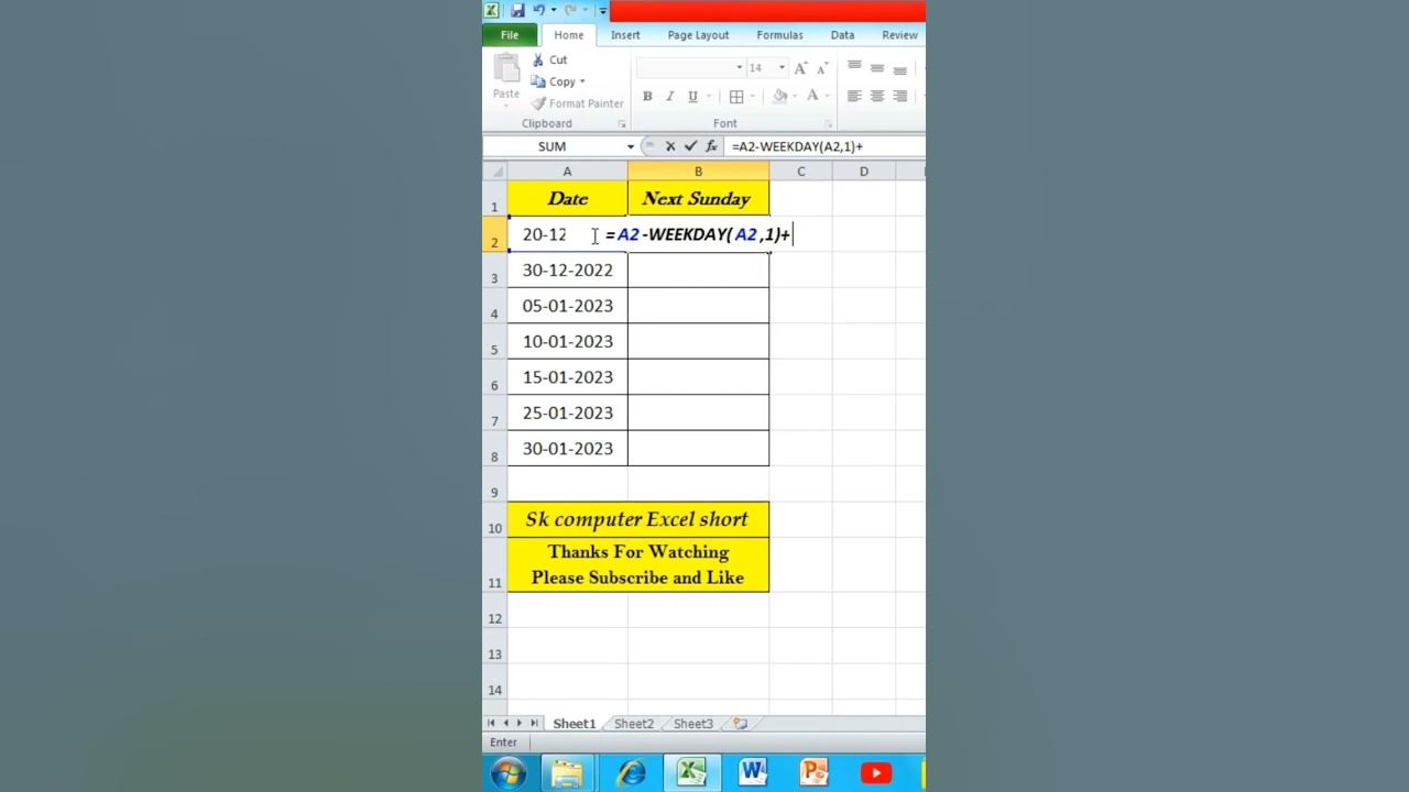 Find Next Sunday | Weekday Formula in #excel #short #viralshorts #exceltips #computer # ...