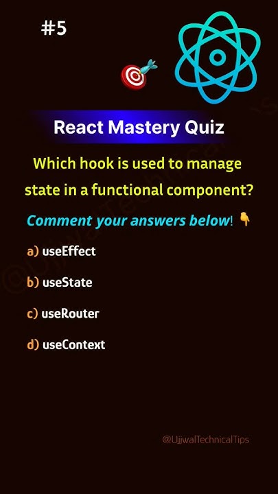 🎯 React Mastery Quiz || Which hook is used to manage state in a functional component? | # ...