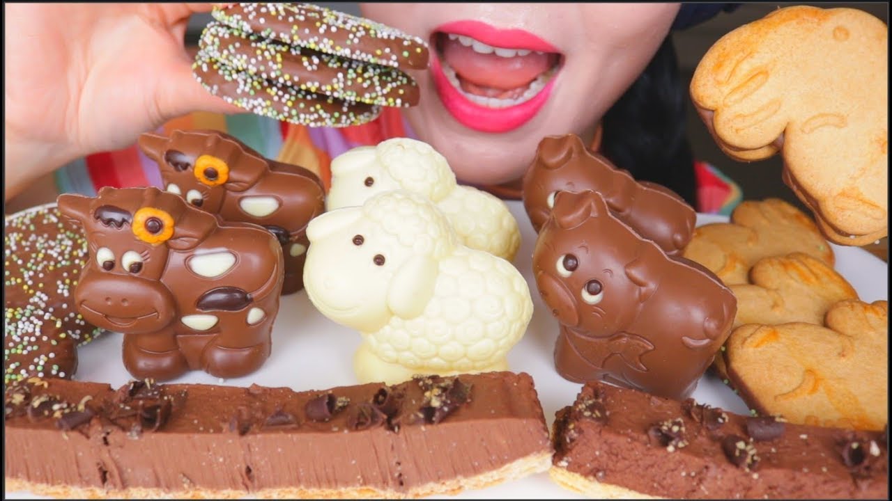 ASMR CHOCOLATE ANIMALS | EASTER COOKIES | MOUSSE SLICES | EATING SOUNDS ...