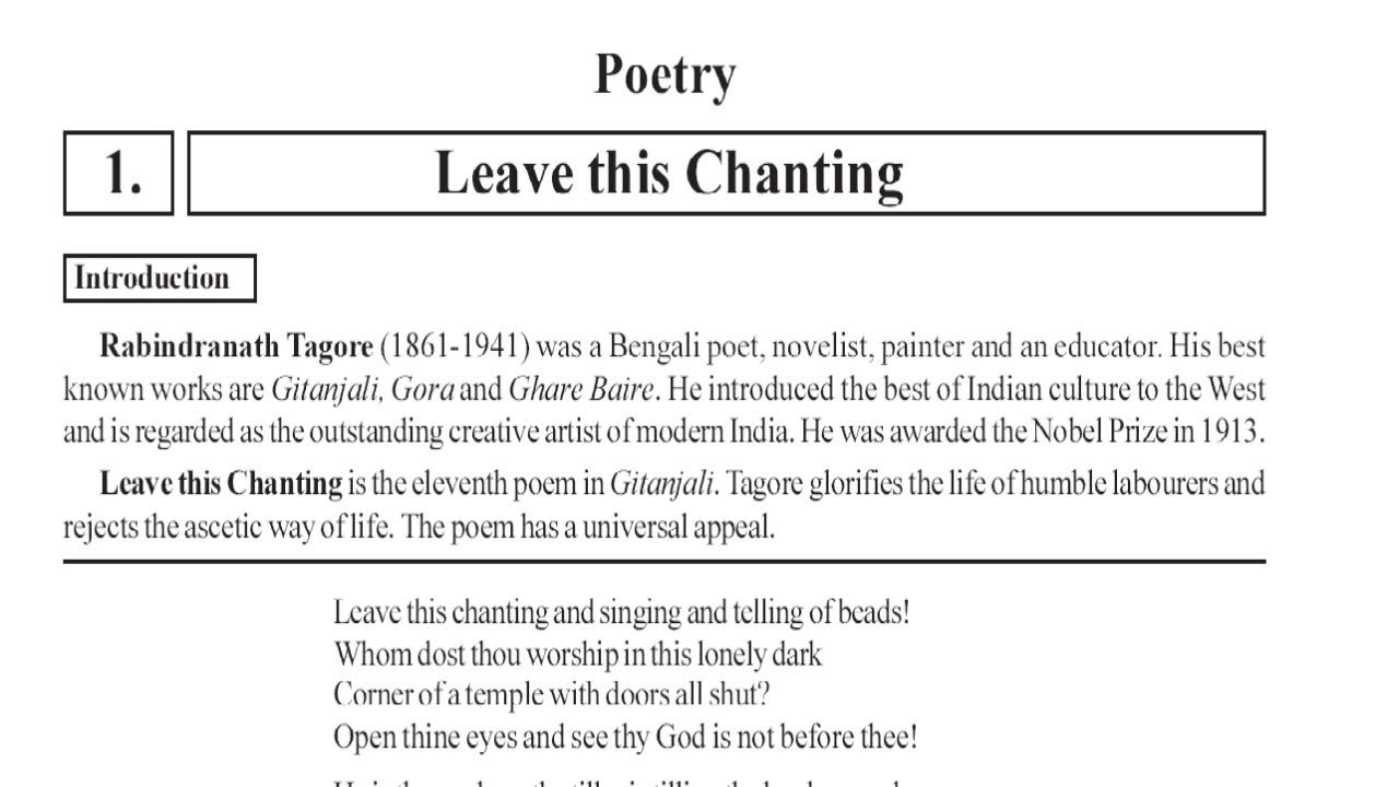 Std 10 Eng M English First Language Poem 1 Leave This Chanting Purvanil ...
