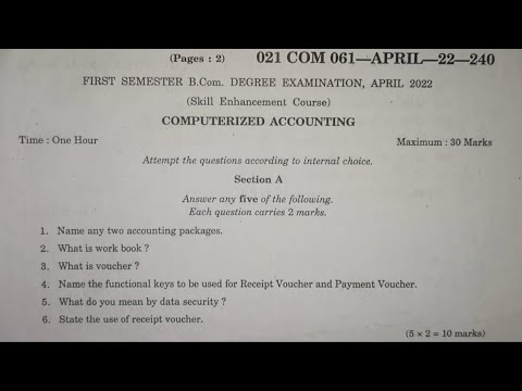 Computerized Accounting B.com 1st Semester NEP Question Paper 2022 ...