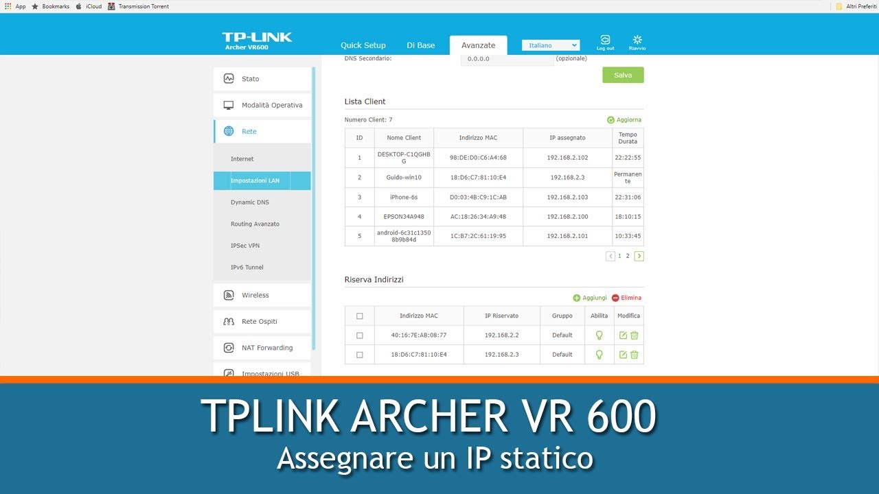 TPLINK ARCHER VR 600 | Assegnazione di IP statici - YouTube
