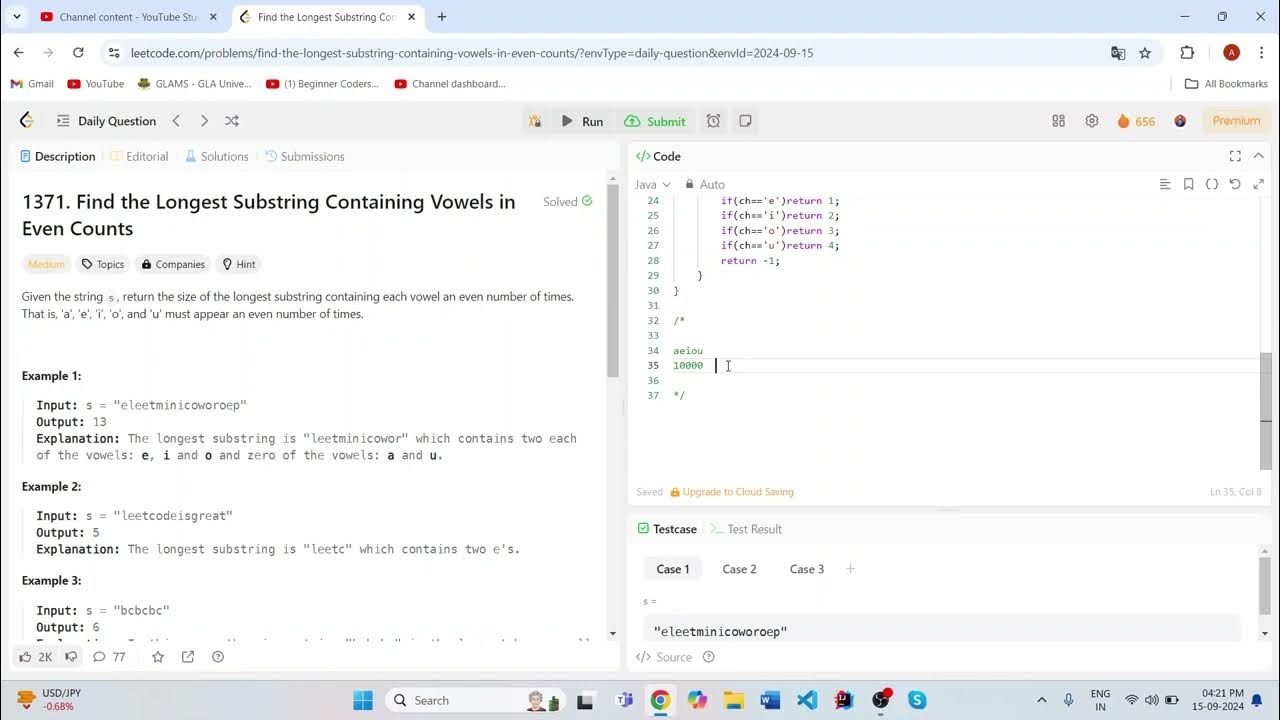 1371. Find the Longest Substring Containing Vowels in Even Counts | Leetcode - YouTube