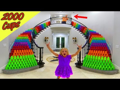 Pranking Our Dad!!! 2,000 Plastic Cups Down the Stairs!