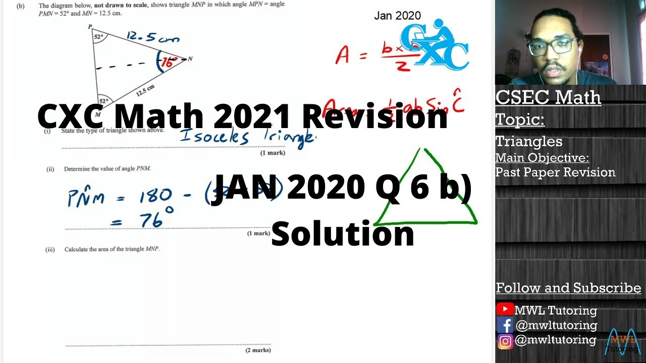CXC Math 2021 Revision | Triangles | Jan 2020 Question 6 b - YouTube