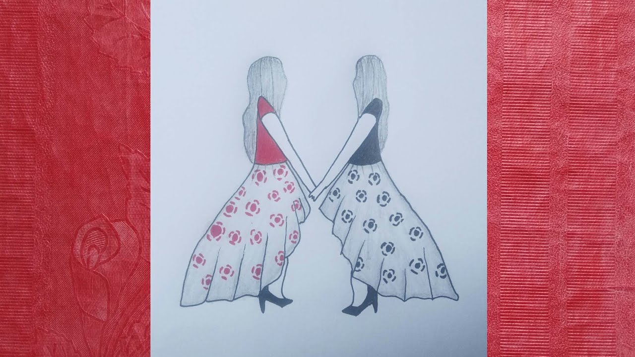How to draw two Cute girls step by step. Easy colour dress girls ...