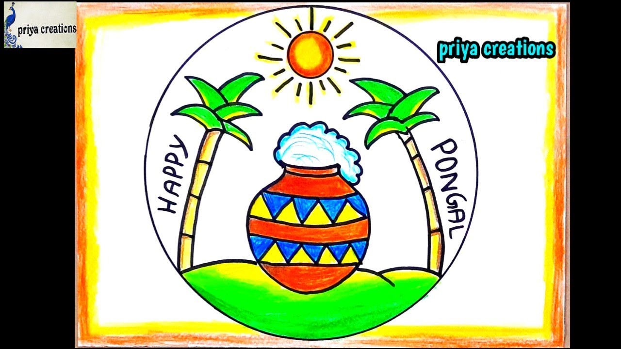 Pongal Drawing Easy / Pongal Festival Drawing / Pongal pot Drawing ...