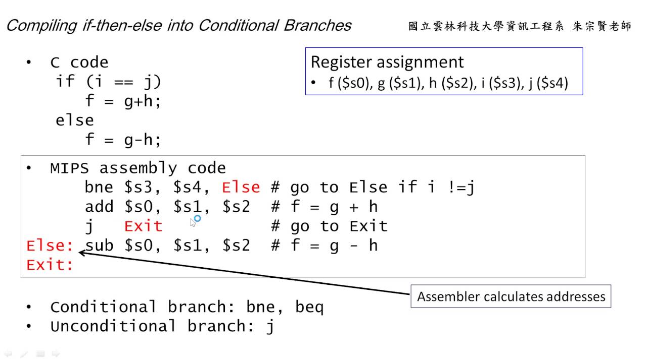計算機組織 Chapter 2.7 Compiling if then else into Conditional Branches - 朱宗賢老師 - YouTube