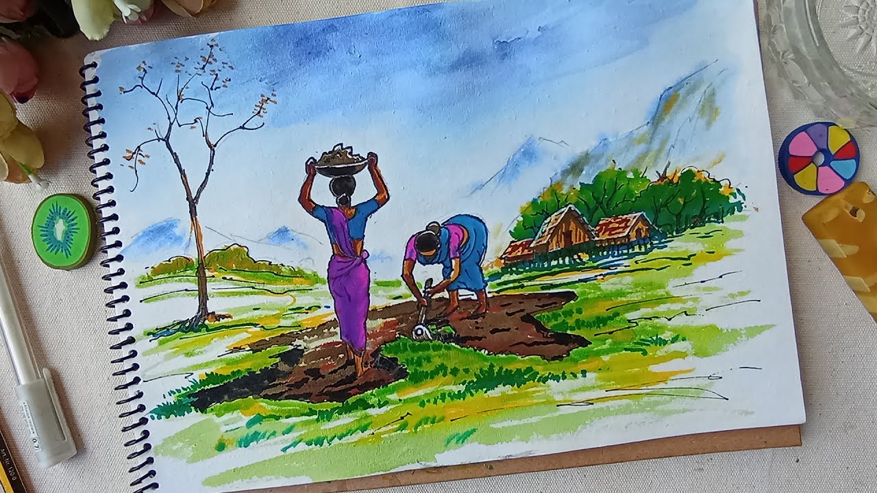 কর্মজীবি মহিলাদের দৃশ্য আঁকা Scenery with Woman Workers drawing ...