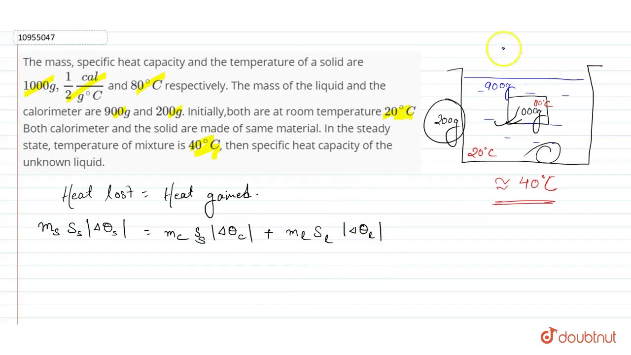 The mass, specific heat capacity and the temperature of a solid are ...