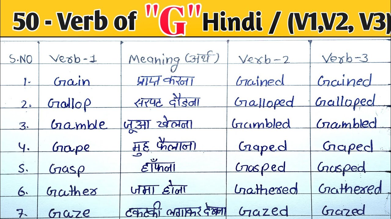 50 G verb with V1 V2 V3 Forms in english and hindi || G letter verb 50 ...