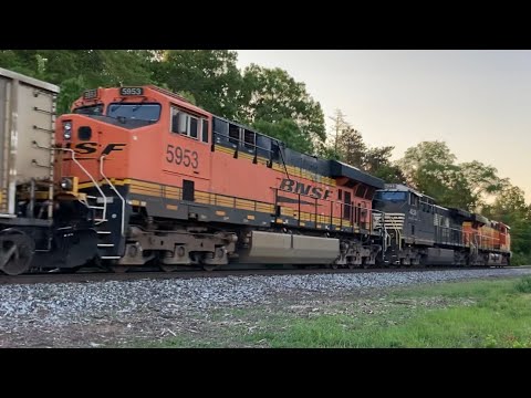 R597-25 with BNSF #6240 NS #4239 BNSF #5953 KCSM #4871 and 127 loaded coal cars (5/25/23) - YouTube